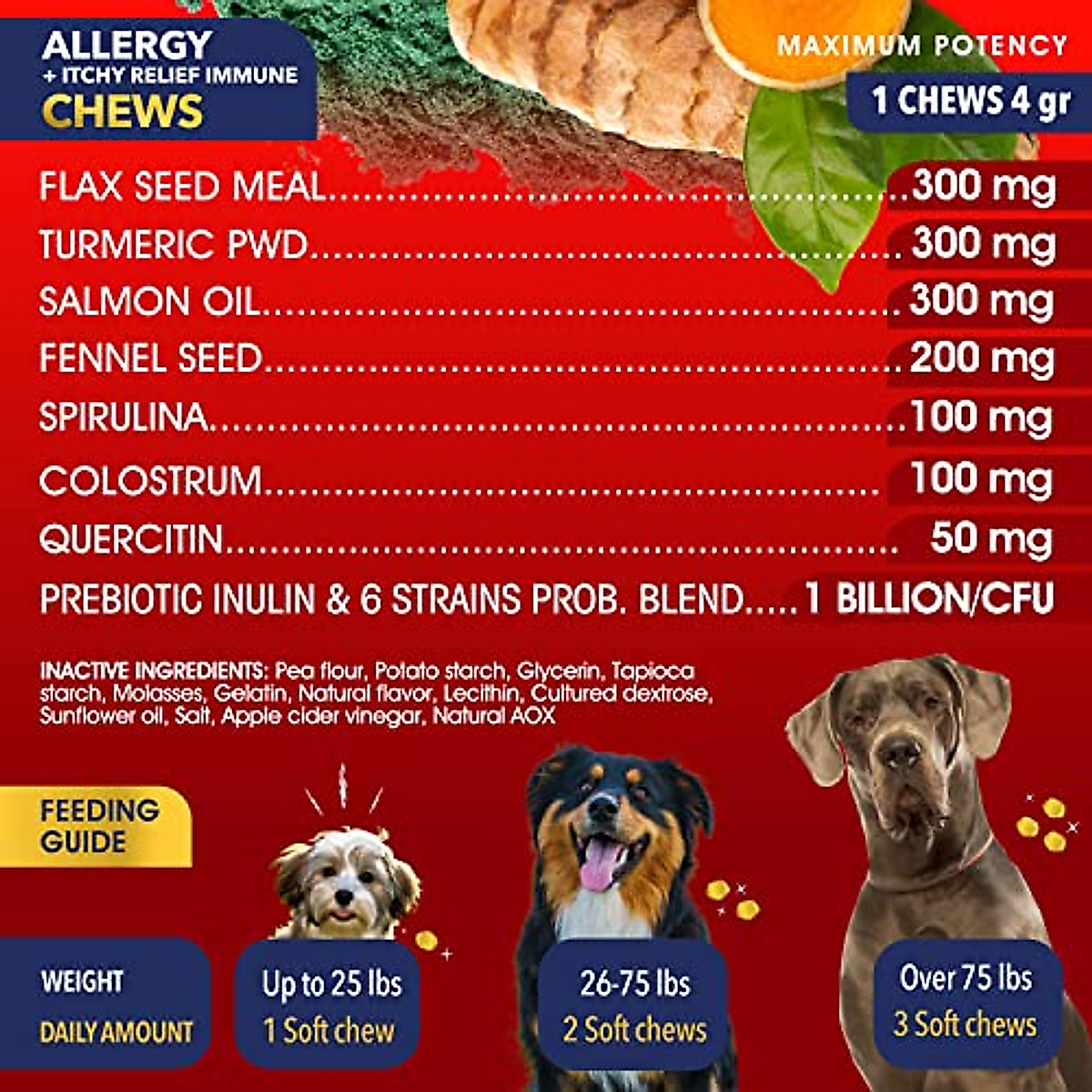 YUMA'S Dog Allergy Relief, Itchy Skin Relief - Seasonal Allergies - Omega 3 Salmon Oil+ Probiotics+Spirulina, Colostrum, Anti Itch Support (Bacon, 45 Chews)