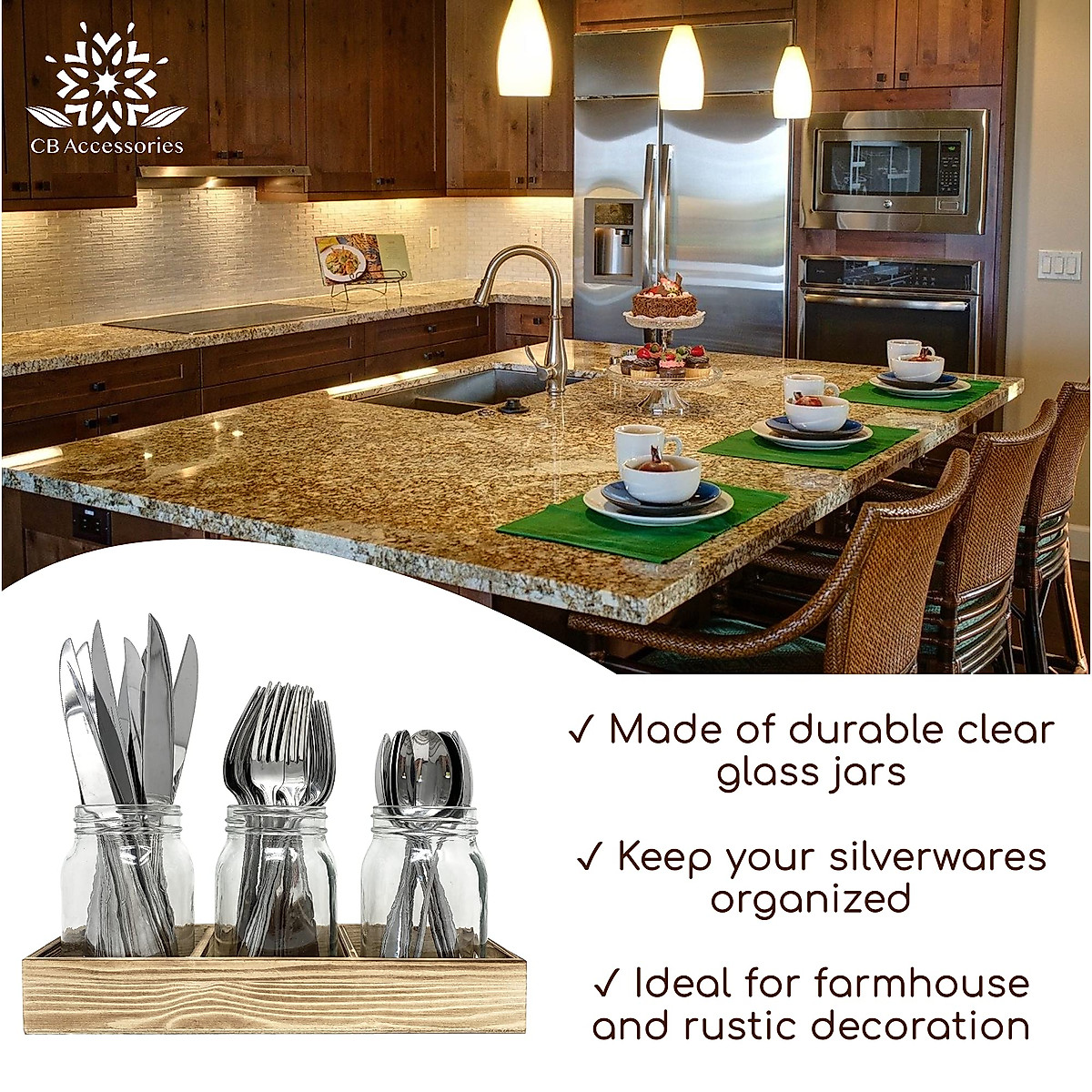 CB Accessories Mason Jar Glass Utensil Holder Flatware Caddy Silverware Organizer for Spoons, Knives and Forks with Rustic Wood Tray