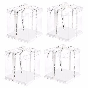Clear Cake Box,4 Pcs Transparent Cake Box with Ribbon for Pastries10" X 10" X 9"-Clear Tall Cake Box- Clear Gift Boxes with Lid for Wedding Party and Gift Display (White-4 Set)