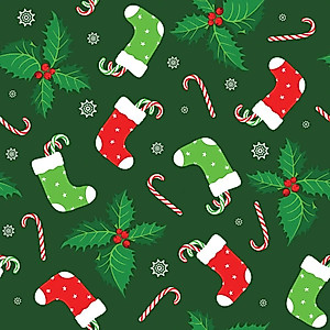 Generic 45 x 36 Red and Green Stockings and Candy Canes on Green Christmas 100% Cotton Fabric by The Yard