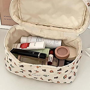 BILIPOPX 3 Pack Kawaii Cute Makeup Bag Bear Aesthetic Travel Quilted Cotton Cosmetic Bag Organizer Toiletry Pouch for Women Teen Girls (Bear Flower)