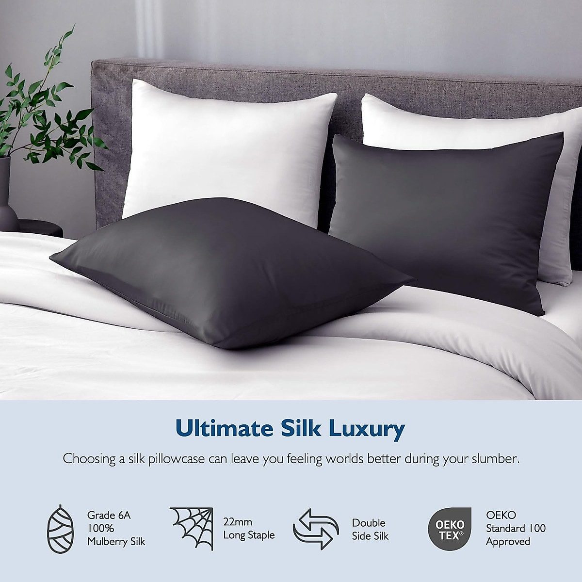 Dafinner 100% Mulberry Silk Pillowcases Queen Size, Set of 2 Black Silk Pillow Cases, Hair and Skin Friendly, Hidden Zipper, Gifts for Women Men, 2 Pack, 20x30 Inches, Moonless Night Black