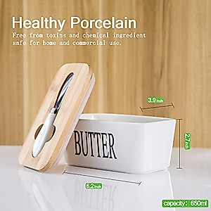 Hasense Porcelain Butter Dish with Bamboo Lid - Covered Butter Dish with Butter Knife for Countertop, Airtight Butter Container with Cover Perfect for East West Coast Butter, White
