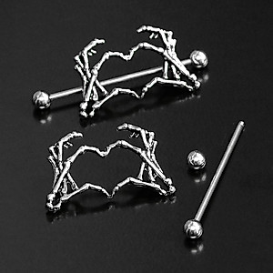 Body Candy Nipplerings Piercing Women 14G 1 1/2" Stainless Steel Skeleton Heart 2Pc Dangle Nipple Ring Set 38mm