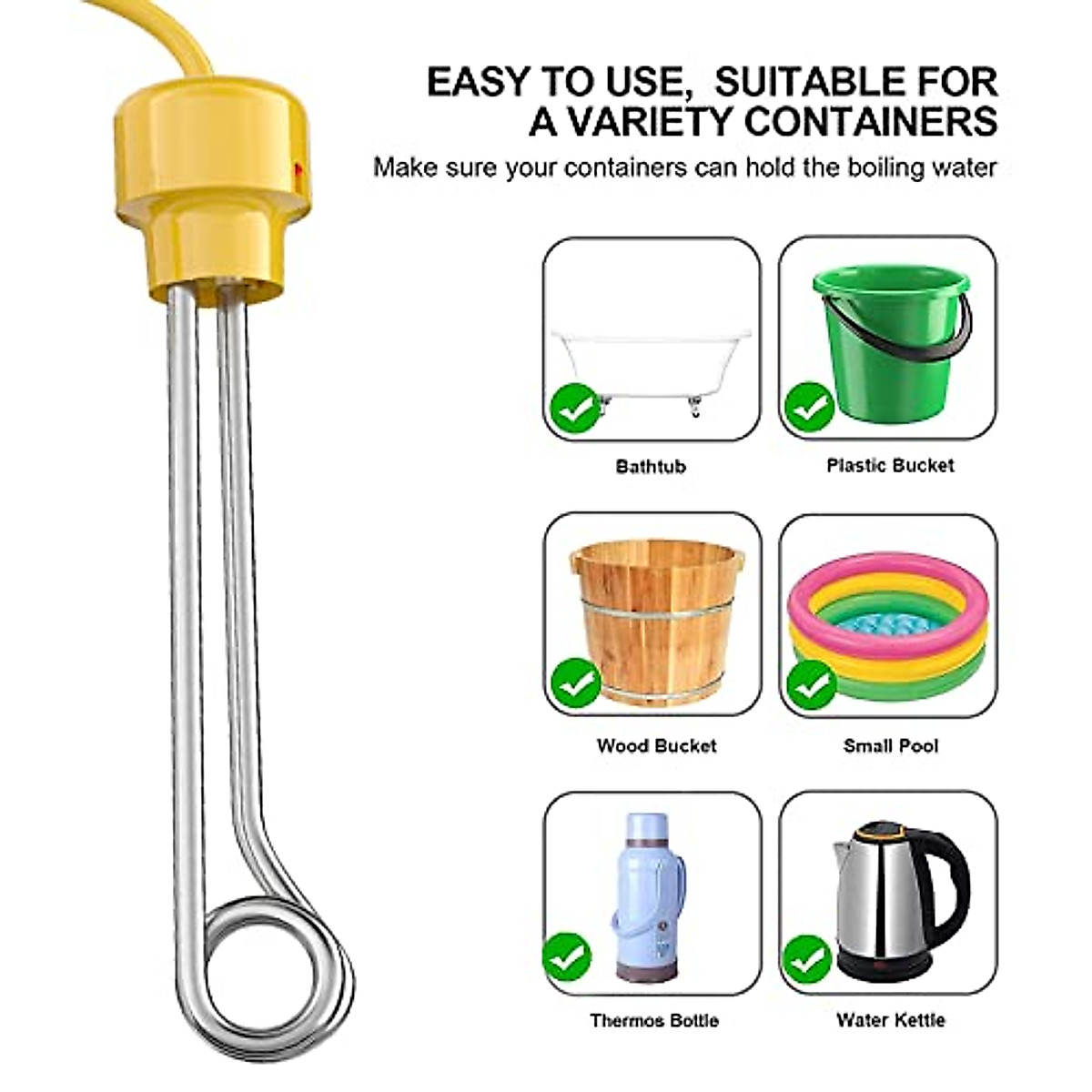 Water Heater, Immersion Water Heater, Bucket Water Heater, Submersible Water Heater 304 Stainless Steel Guard, Pool Heaters for Boiling Bath Water to Heat 5 Gallons of Water in Minutes