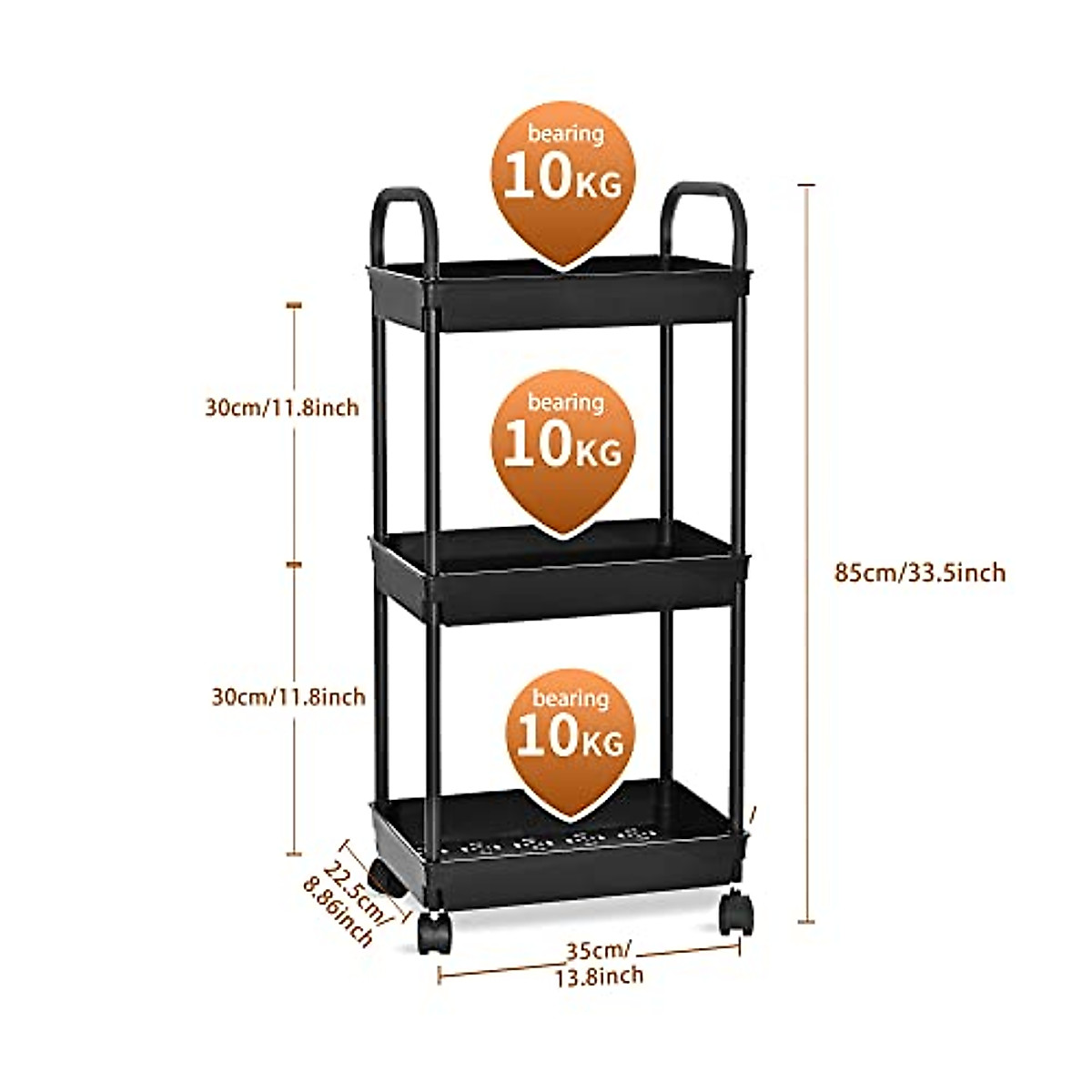 WASJOYE 3-Tier Plastic Rolling Utility Cart with Handle, Black Home Kitchen Office Storage Trolley Cart with Wheels (14 * 8.9 * 33.5 Inch)