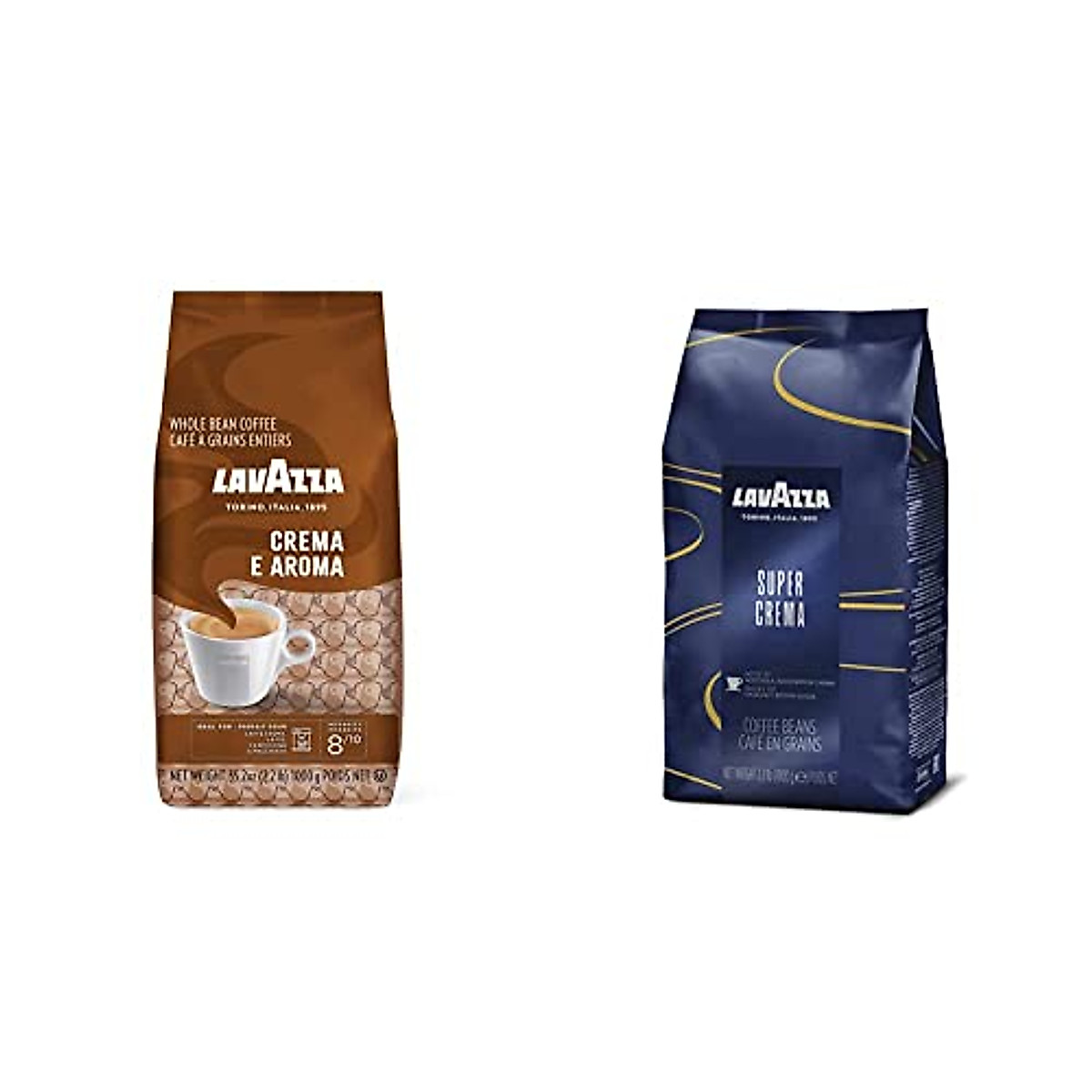 Lavazza Super Crema Whole Bean Coffee Blend, Medium Espresso Roast, 2.2 Pound (Pack of 1) & Crema e Aroma Whole Bean Coffee Blend, Medium Roast, 2.2-Pound Bag