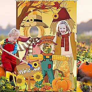 Thanksgiving Photography Backdrop Fall Thanksgiving Pumpkin Scarecrow Photo Background Autumn Harvest Decoration Children's Family Party Supplies with 6 m Rope (39in x 59in)