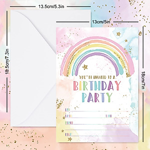 AnyDesign Rainbow Birthday Party Invitations with Envelopes Stickers Watercolor Birthday Paper Invitation Cards for Kids Party Celebration Supplies, Set of 20