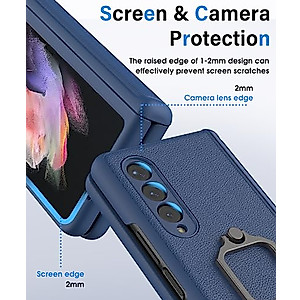 ATATOO for Samsung Galaxy Z Fold 3 Case, Z Fold3 Case Built-in Screen Protector & Hinge Protection & Kickstand, Durable Anti-Scratch Full Body Protection Leather Phone Case for Galaxy Z Fold 3,Blue