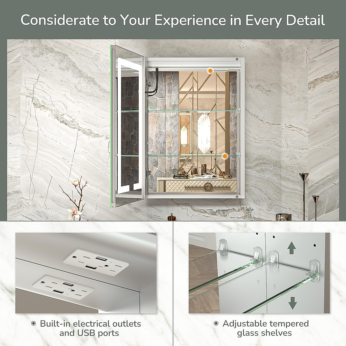 TokeShimi 40x32 Surface Mount Medicine Cabinet Mirror with Electrical Outlet, Frontlit Anti-Fog 3 Colors Temperature Dimmable Surface or Recessed Mount for Bathroom Vanity and Modern