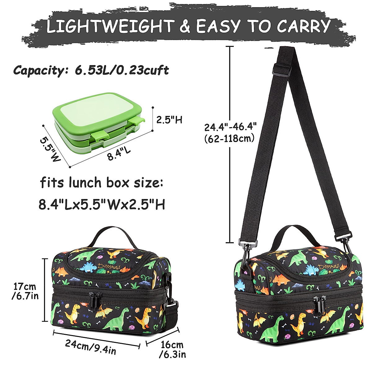 Kasqo Lunch Box Bag for Boys, Insulated Cooler Bag Kids Lunch Tote with Dual Compartments, Black Dinosaur