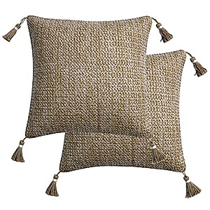 Honeycomb Indoor/Outdoor Raffia Natural Square Toss Pillow with Tassels, Woven Faux Jute Fabric, Recycled Polyester Fill, Weather Resistant, 2 Pack of Decorative Toss Pillows: 17” x 17”