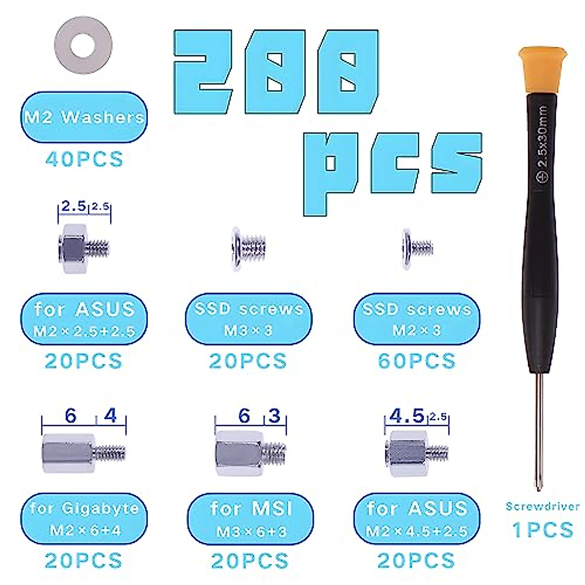 Zmbroll 200Pcs M.2 SSD Mounting Screws Silver Laptop Screws m.2 Standoff and Screw M2 Motherboard Standoffs Notebook Computer Screw Set with Screwdriver for Asus Gigabyte MSI Motherboards