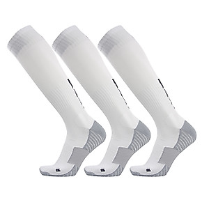 Three street Baseball Socks, Over Knee High Coolmax Wicking Moisture Sport Football Softball Volleyball Long Compression Socks White 3 Pairs Large