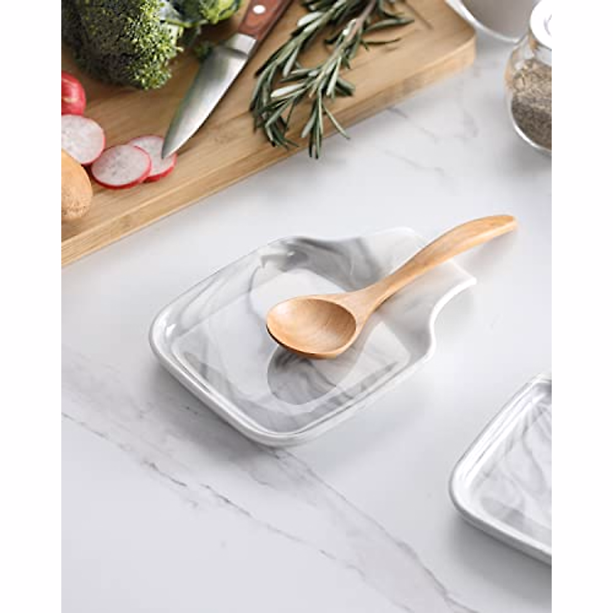 MALACASA Spoon Rest, Large Spoon Rests for Stove Top, Porcelain Spoon Holder for Kitchen Counter, Utensils Rests, Cooking Spoon Holders for Spatula Ladle Tongs, Marble Grey, Series REGULAR