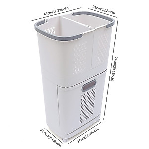 Laundry Basket 2 Tiers Movable Clothes Storage Basket Floor-Standing Storage Organizers with Wheels for Bathroom Bedroom Laundry Room Kitchen