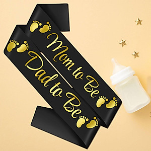 2pcs Mom to be and Dad to be Baby Shower Sash，Black Satin with Gold Letters Sash for New Mom Dad Baby Shower Party Gender Reveal Supplies Decorations