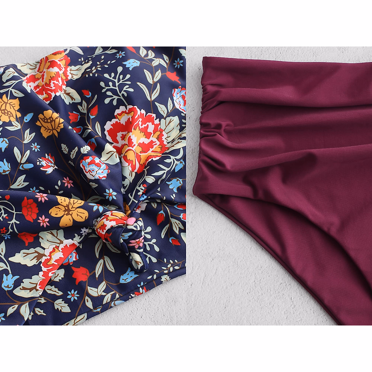 ZAFUL Women's Scoop Neck Tropical Leaf Knotted Two Pieces Tankini Set Swimsuit (4-Plum Pie, L)