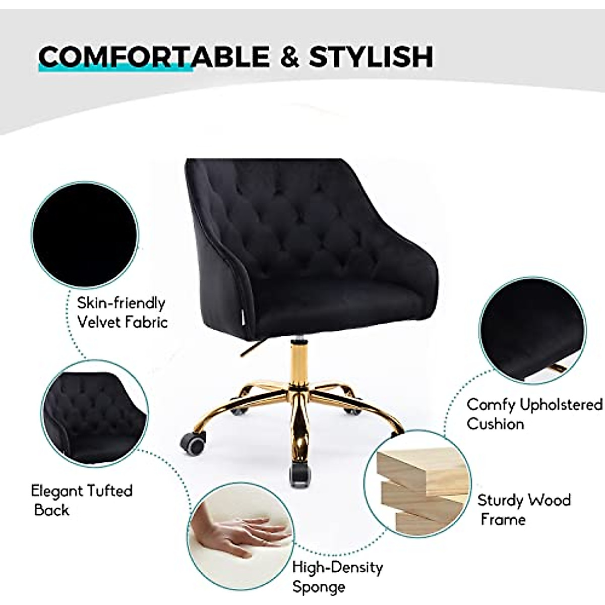 SSLine Elegant Velvet Desk Chair for Girls Women Modern Swivel Office Computer Chair on Wheels Cute Vanity Chair Leisure Chair w/Arm for Home Study Living Room (A Type-Black&Gold)