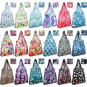 Weewooday 18 Pieces Foldable Reusable Shopping Bags Machine Washable Bags Waterproof Nylon Reusable Grocery Bags with Pouch Tote Bags (Classic Style)