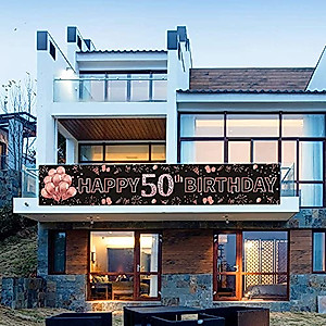 Pimvimcim Happy 50th Birthday Banner Decorations - Rose Gold Large 50th Birthday Party Sign - 50th Birthday Party Decorations Supplies for Women - 50 Years Old Birthday Photo Booth Backdrop(9.8x1.6ft)