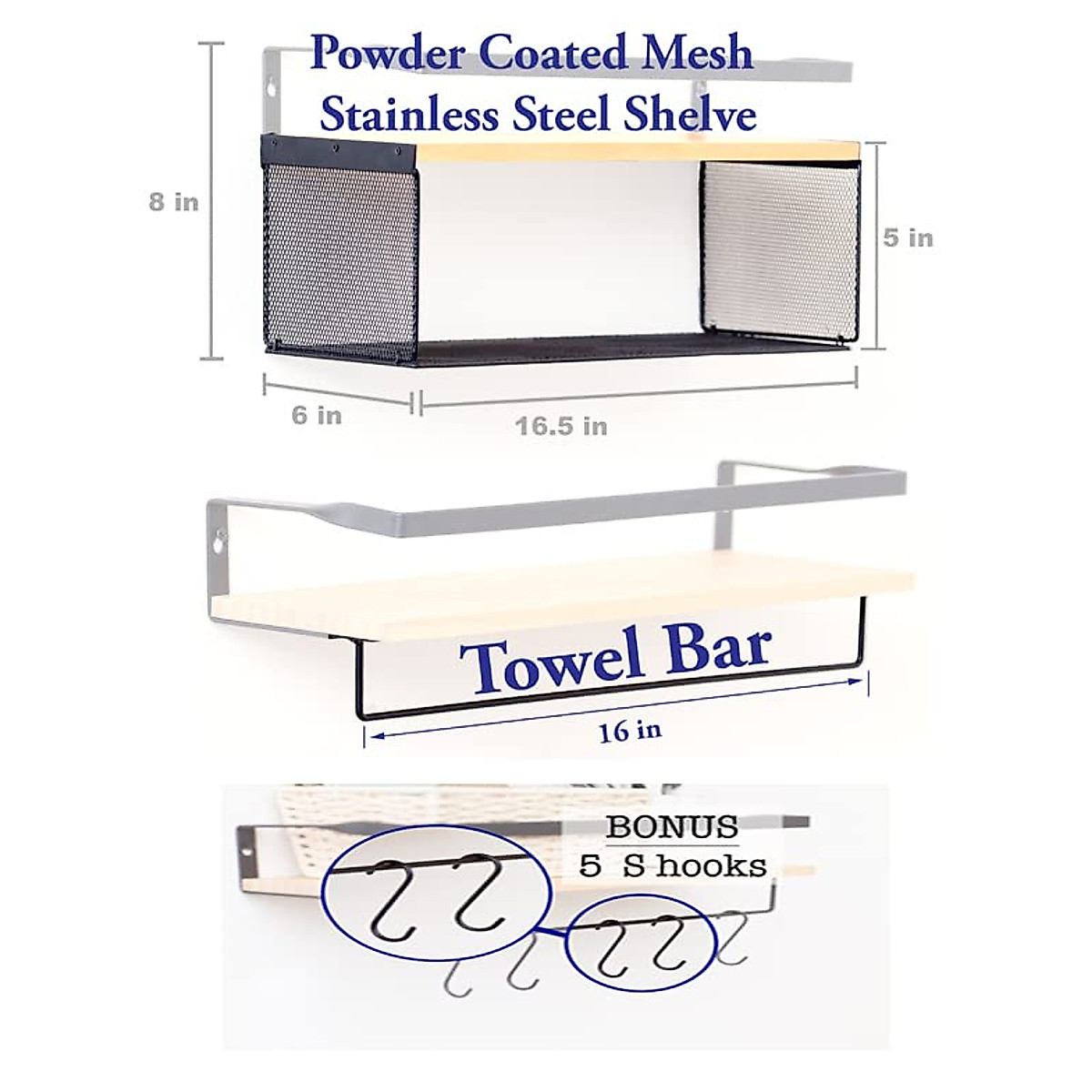 Pre-Drilled Floating Shelves for Bath, Kitchen, & Bedroom - Wall Mounted Natural Wood Floating Shelves with Steel Towel Bar, Mesh Storage Basket & Hardware for Installation - 2 Pack