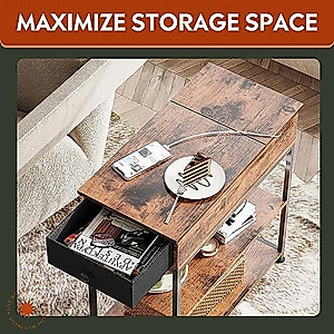 WLIVE Flip Top Side Table with Charging Station, Narrow End Table with USB Ports & Power Outlets, 3-Tier Nightstand with Storage Drawer for Living Room & Bedroom, Rustic Brown