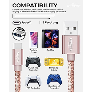 LIQUIPEL USB Type C Cable 6ft, USB A 2.0 to USB-C Fast Charger Extra Long Durable, Glitter Cables (Rose Gold)