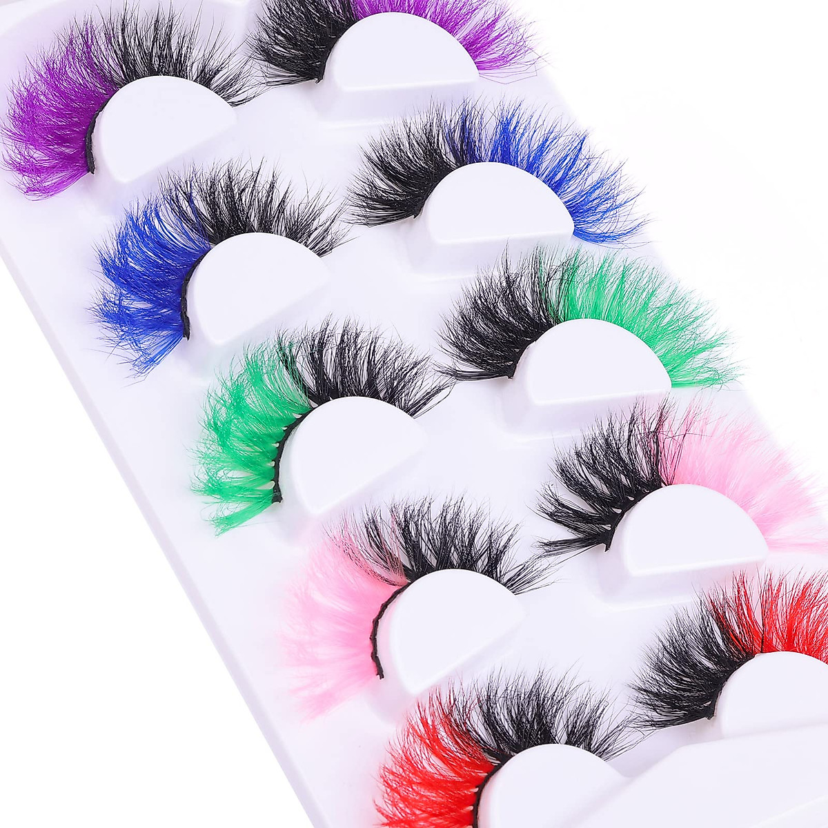 Colored Mink Lashes Fuffy 5 Colour Mixed Natueal Length Cat Eye Lashes with Half Color Dramatic Wispy Eyelashes Red Pink Green Blue Purple Soft Lashes Pack
