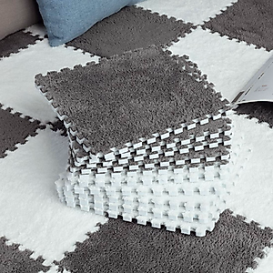 Smabee Interlocking Carpet Shaggy Soft EVA Foam Mats Fluffy Area Rugs Protective Floor Tiles Exercise Play Mat for Children Kids Room Home Parlor Bedroom (6 pcs White + 6pcs Gray)