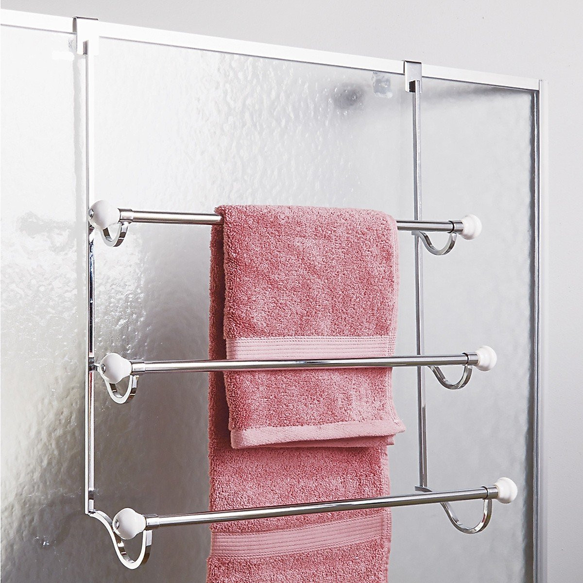 iDesign York Metal Over the Shower Door Towel Rack, Hooks for Master, Guest, Kids' Bathroom, 4.75" x 17.75" x 22.5", Chrome