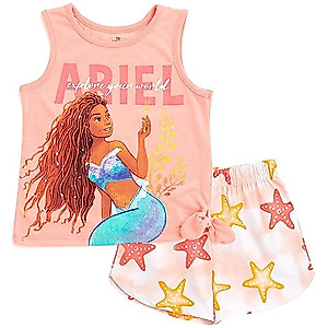 Disney Princess Ariel Little Mermaid Live Action Movie Little Girls Tank Top and Twill Shorts Outfit Set Tie Dye Pink 7-8