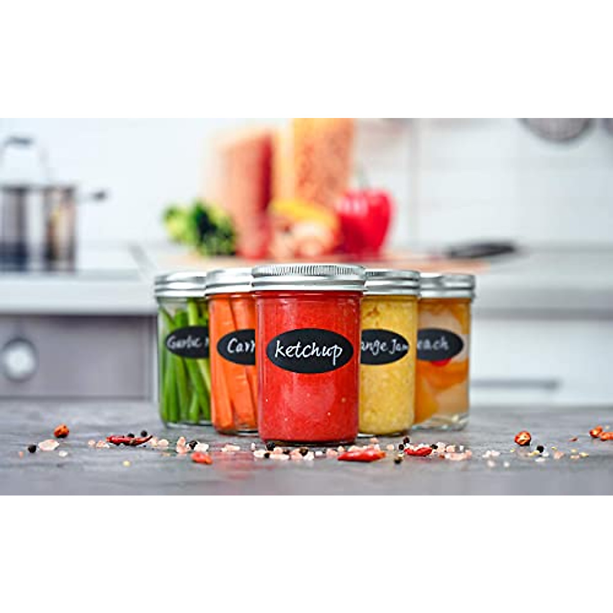 8oz Glass Mason Jars with lids Set of 6 - wide mouth - Airtight Band + Marker & Labels - Canning Jars with Lids, Ideal for candle jars, Spice Jars, Wedding Favors, Meal Prep, Jelly Jar, Jam, Honey,