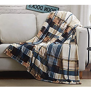 Tache Winter Cabin Blue Tan Farmhouse Super Soft Micro Fleece Tartan Plaid Plush Lightweight Throw Blanket, 66x90, Twin Size