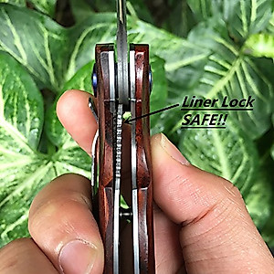 ALBATROSS HGDK003 Sharp Damascus Folding Pocket Knife with Liner Lock, Yellow Sandalwood Handle, 6-INCH, Gifts/Collections