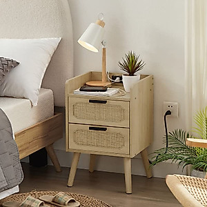 Mid-Century Modern 2-Drawer Nightstand with Charging Station and Natural Rattan Drawer Solid Wood End Side Table Bohemian Eclectic Mid-Century Finish