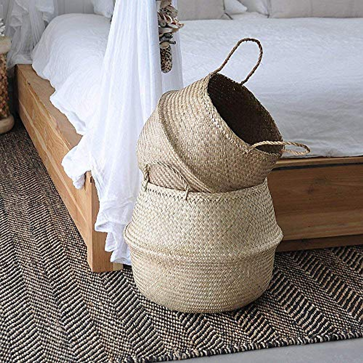 BeeGreeny Seagrass Belly Basket | Handwoven Foldable Storage Basket with Handles for Laundry, Picnic, Pot Cover, Decor | Natural, Eco-Friendly Household Items
