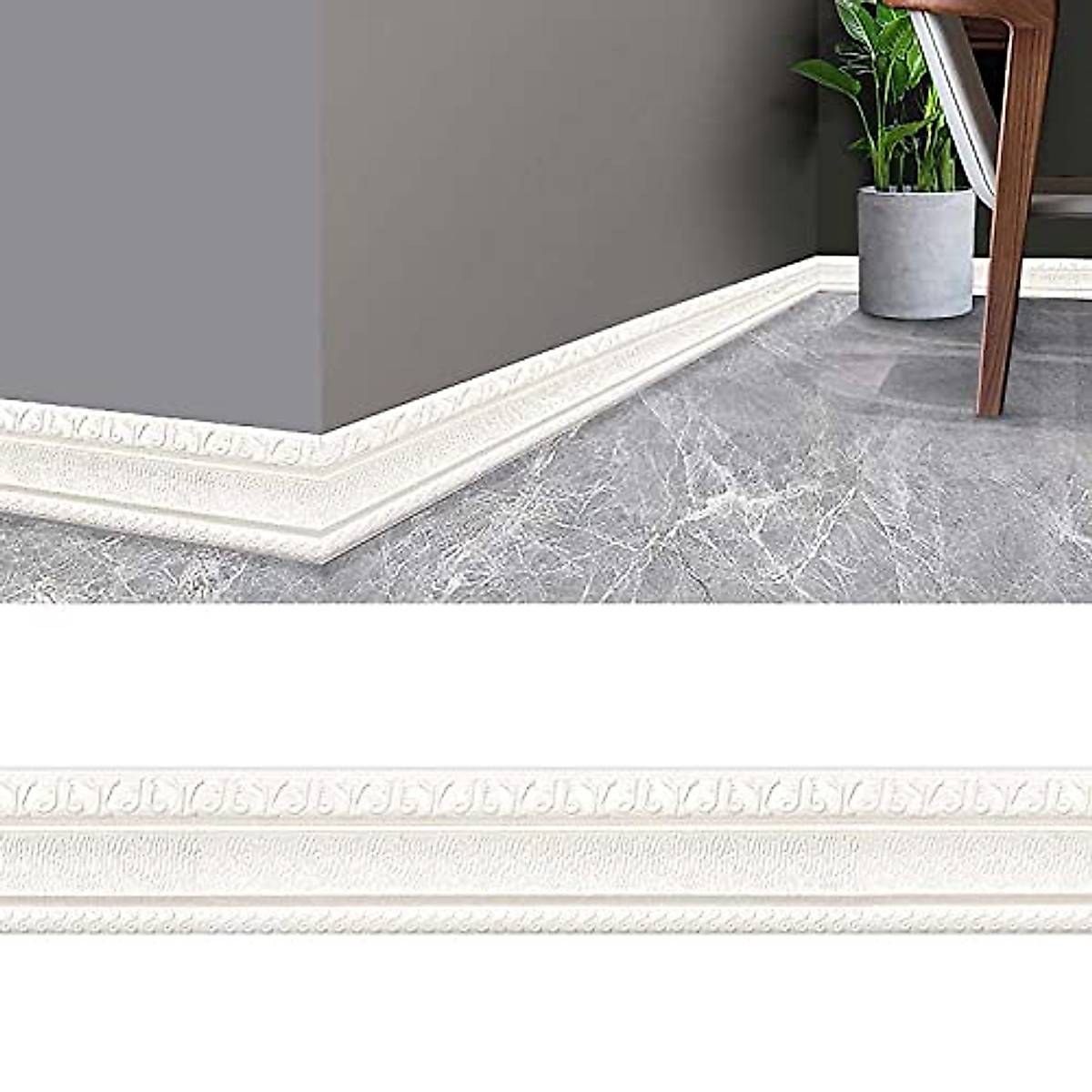 Puoxiuna 1PC Peel and Stick Trim Molding Wallpaper Border Wall Panels 90x3In Foam Molding Trim Self-Adhesive Skirting Line Waterproof 3D Wall Sticker Baseboard Decorative Strips for Bathroom Kitchen