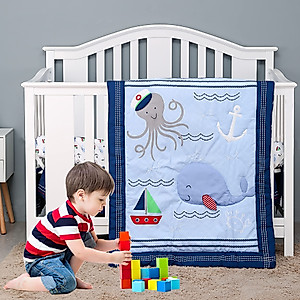 Brandream Ocean Baby Crib Bedding Set for Boys with Nautical Whale Octopus Anchor Coastal Undersea Theme, 3pcs