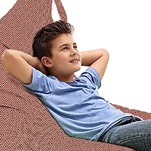 Lunarable Geometric Lounger Chair Bag, Eastern Style Diagonal Rhombus Diamond Shapes Checkered Retro Pattern, High Capacity Storage with Handle Container, Lounger Size, Vermilion Cream