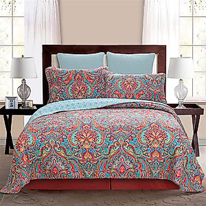 Newrara Jacquard Style Cotton 3 Pcs Patchwork Bedspread Boho Quilt Sets Queen Size（Red）