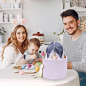 GFU Easter Basket, Seersucker Bunny Baskets for Kids, Eggs Hunt Bag with 2pcs Stickers, Cute Rabbit Ears Stripe Storage Bag, Children Personalized Easter Gifts