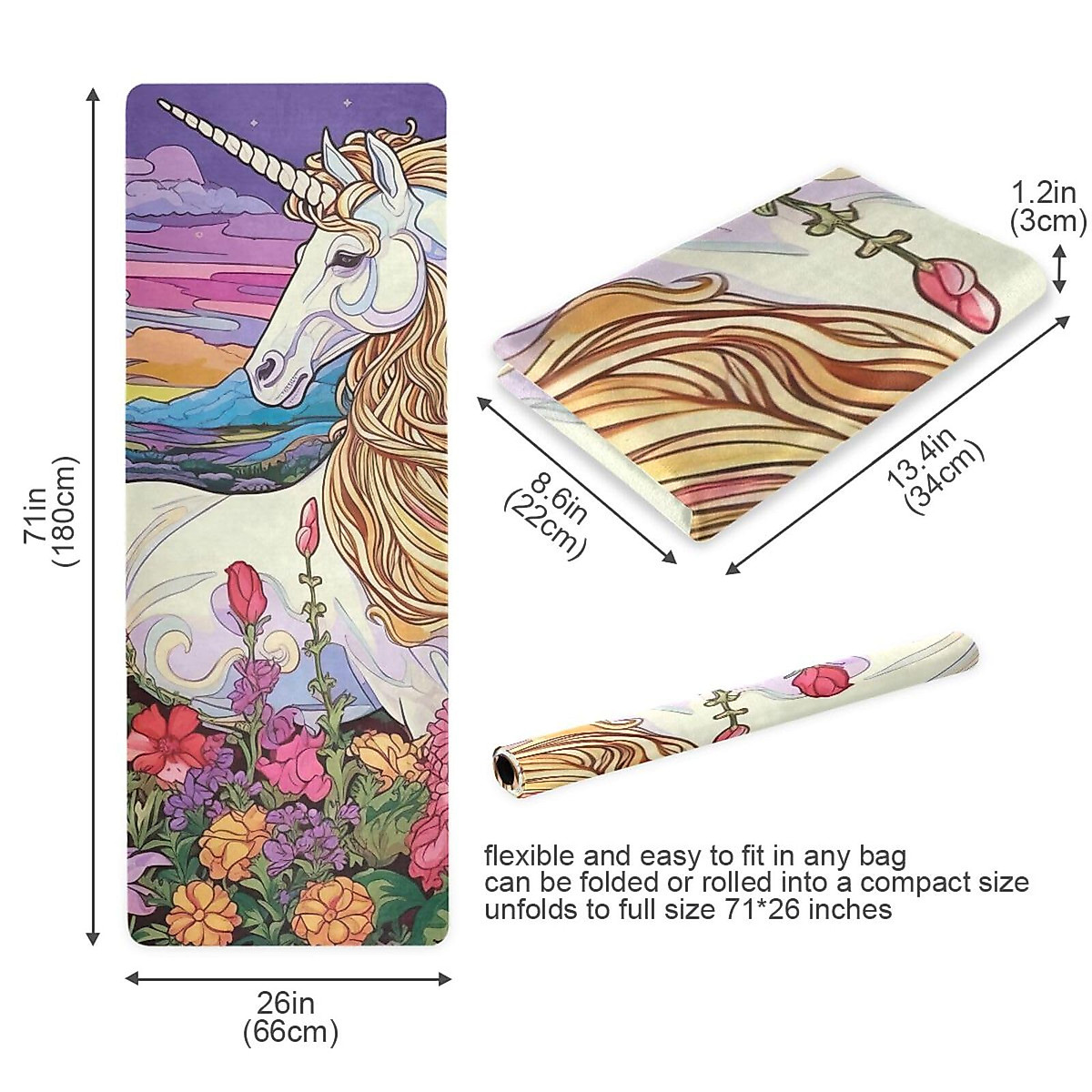 GOODOLD Unicorn Yoga Mat, 71 x 26 Inch Non-slip Yoga Mats Folding Travel Exercise Mat Indoor Outdoor Gym Pilates with Storage Bag for Women Men