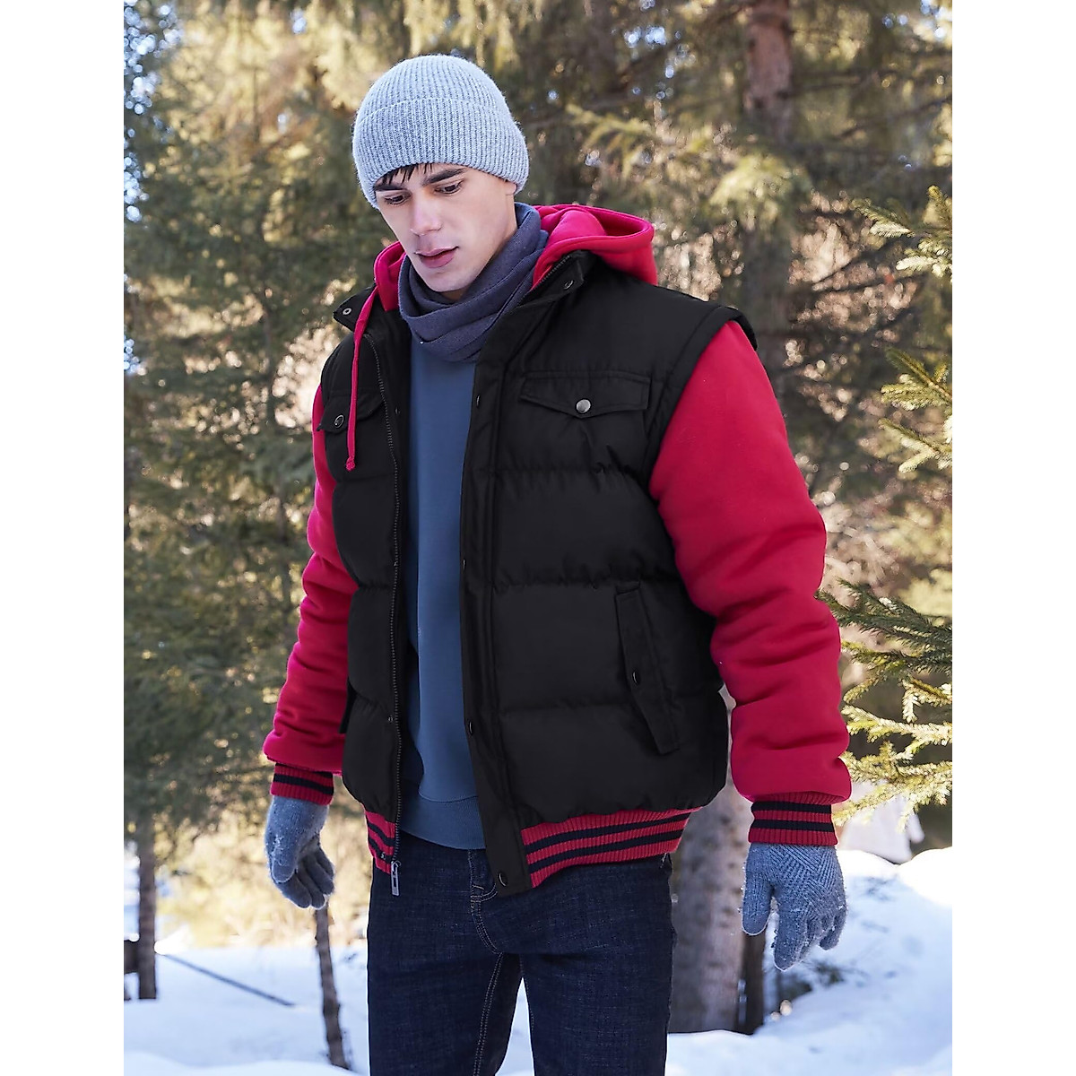 BEST SOUTH Men's Hooded Winter Coats Water Resistant Warm Thicken Insulated Full Zip Windproof Jackets with Pockets Black Red XXXL