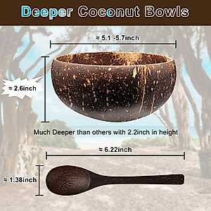Gute 2 Pack Coconut Bowls with Spoons, Wooden Salad Bowl Sets With Serving Utensils, 100% Natural Reusable Coconut Shell Bowls for Buddha Popcorn, Serving Dishes, Breakfast, Decoration, Party