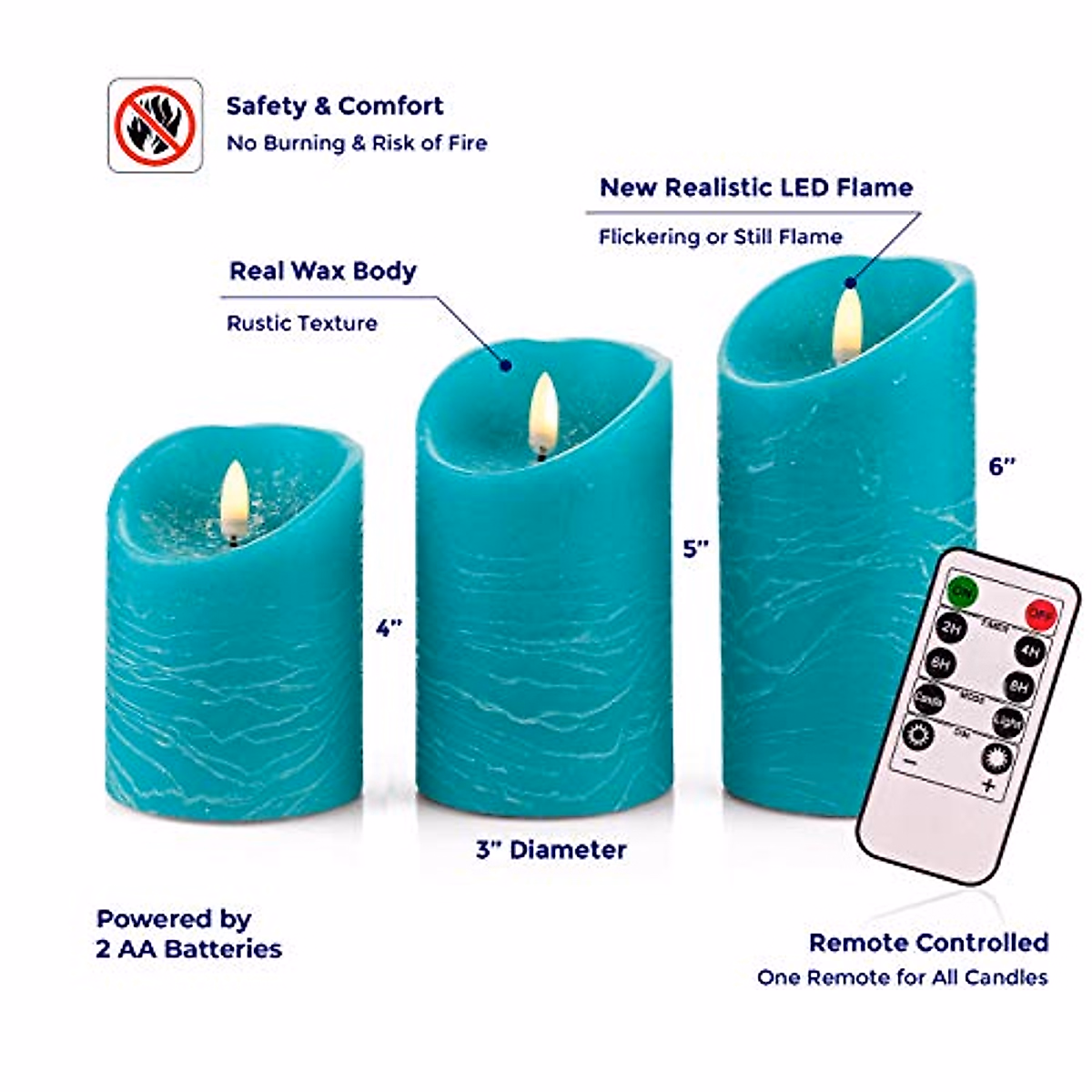 Set of 3 Realistic Flameless Turquoise LED Candles with Remote Control - 4'' 5'' 6'' Electric Wickless Pillar Battery Operated Candles with Flickering Flame Timer