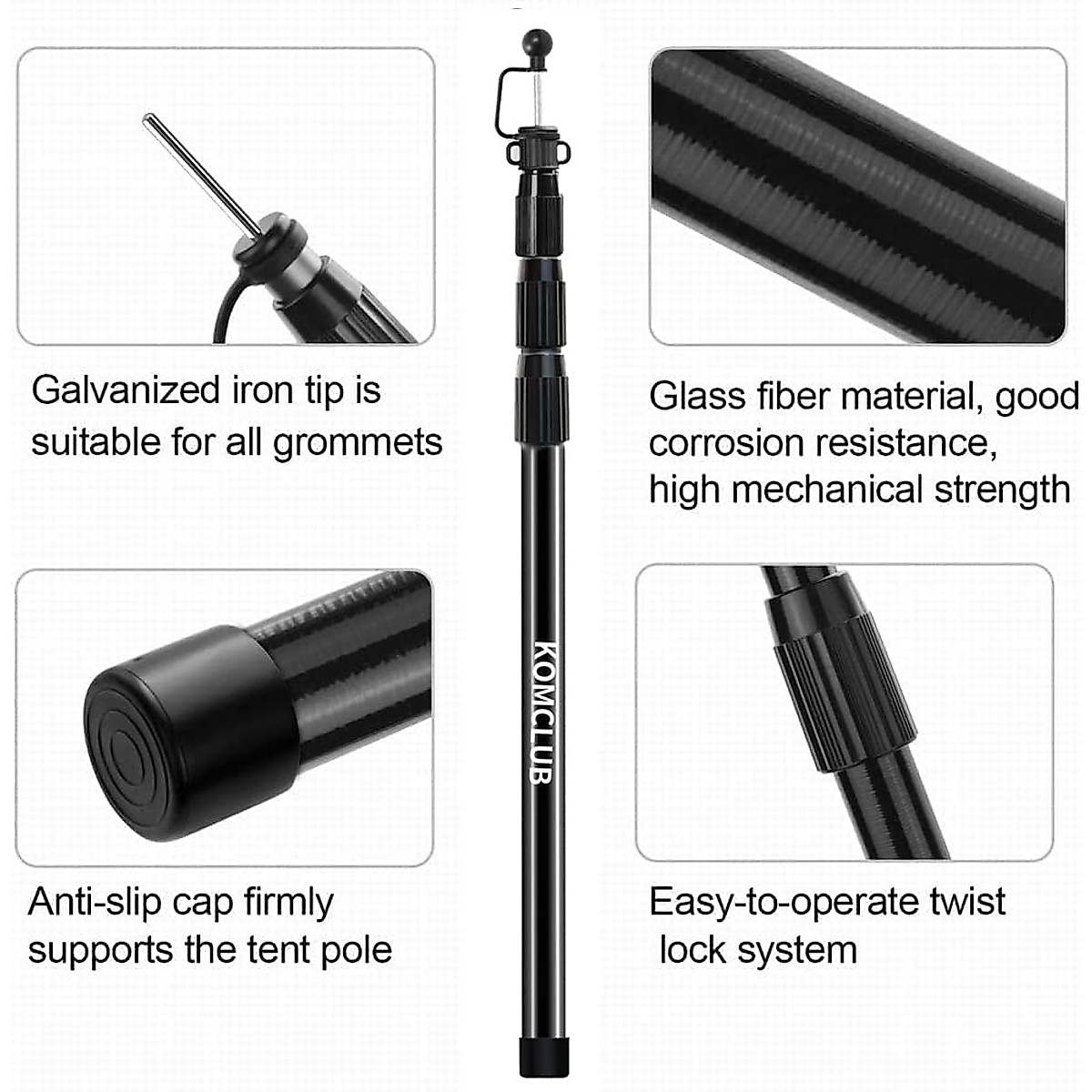 KOMCLUB Telescoping Tarp Poles Adjustable Tent Poles for Tarp Heavy-Duty Design Portable & Lightweight Fiberglass Tent Poles for Shelter Camping Awning 4 Sections Adjustable to 98.51 in(Set of 2)