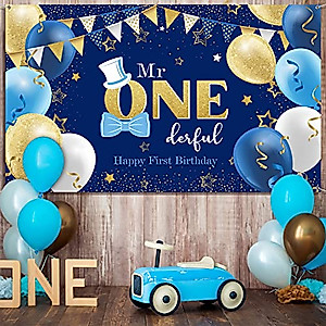Boys 1st Birthday Decoration Mr. Onederful Birthday Party Supplies 1st Happy Birthday Backdrop Photography Background with Balloons for Baby Toddler Little Man First Birthday Decor (Blue and Gold)