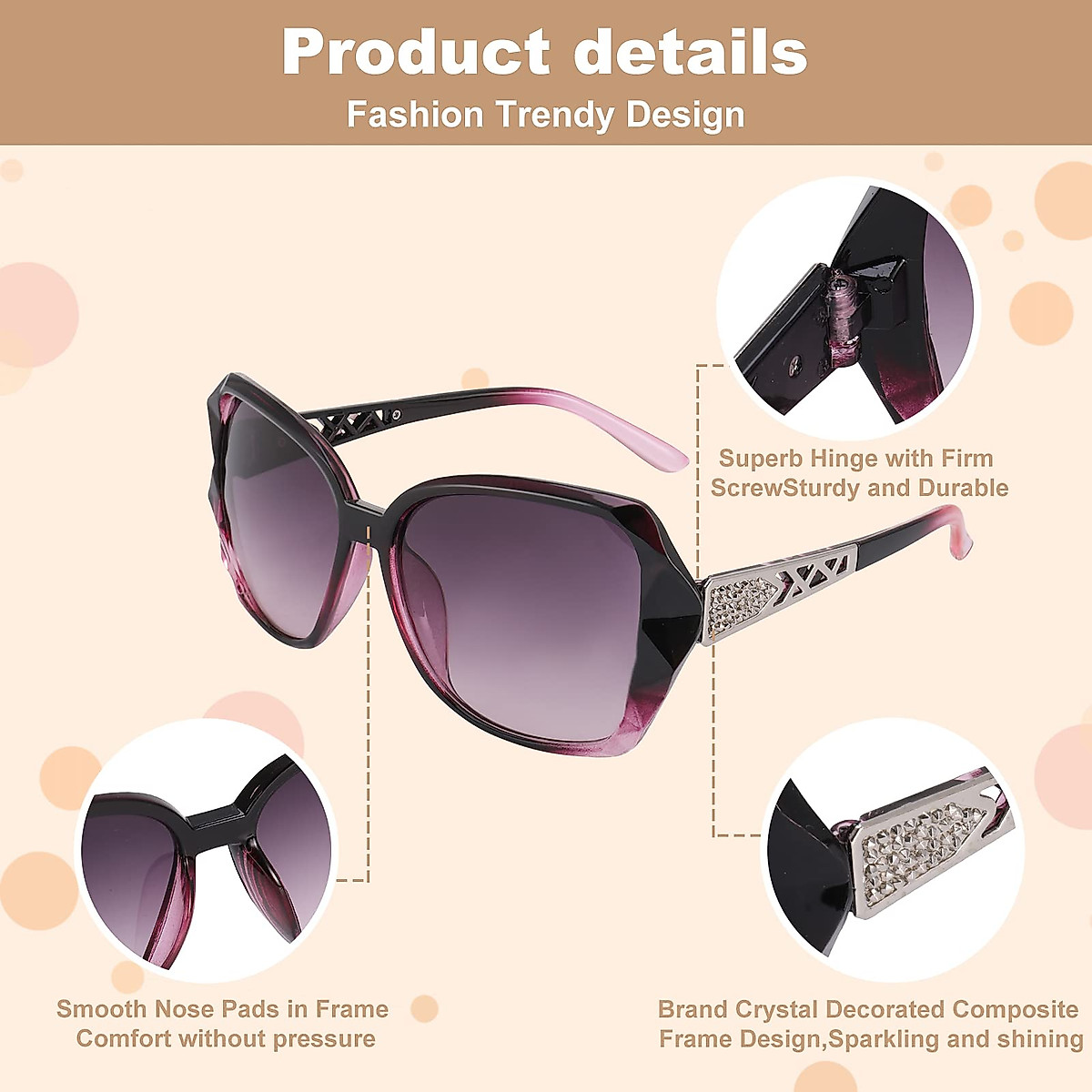 DragonflyDreams 4 Pcs Women Large Sunglasses, UV 400 Glasses Oversized Sunglasses Classic Trend Ladies Sunglasses Sparkling Large Frame Sunglasses for Women